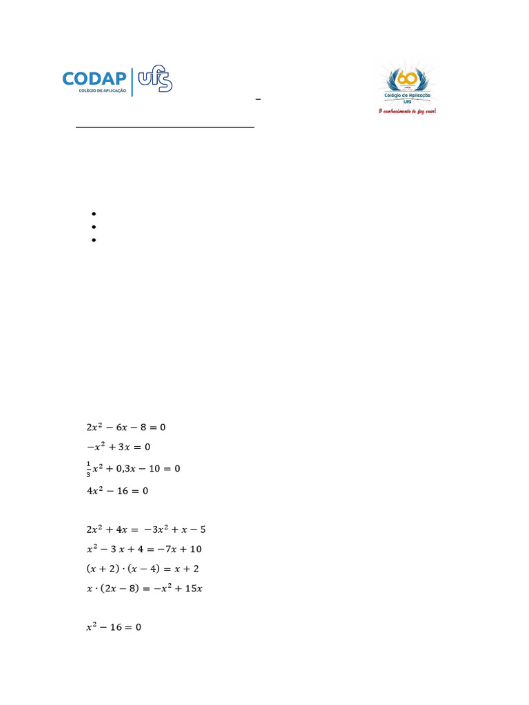 Atividade: Equações do 2º Grau 9º Ano | PDF