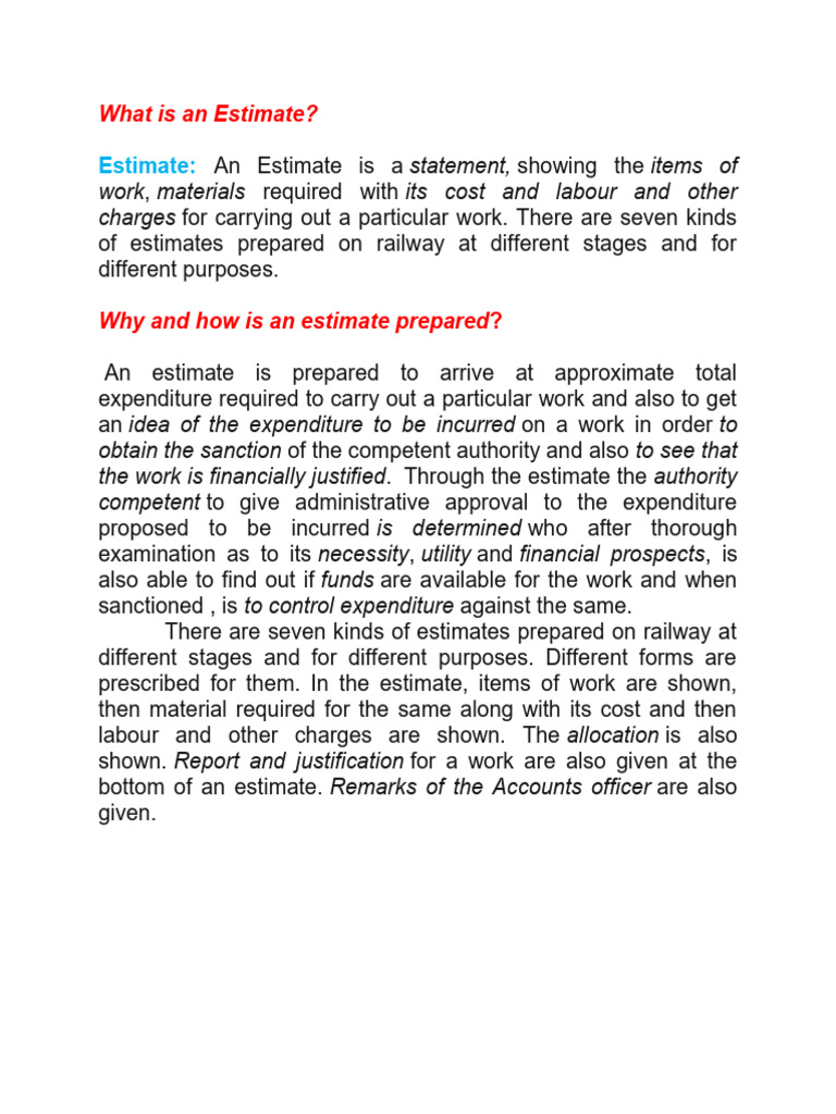 Introduction On Estimate Preparation To Sanctioning and From Detailed Estimate To Entering Into ...
