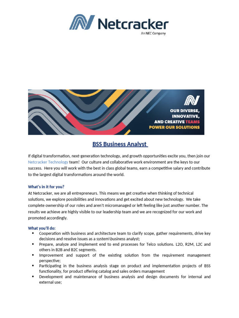BSS Business Analyst Role at Netcracker | PDF | Business Analysis | Customer Relationship Management