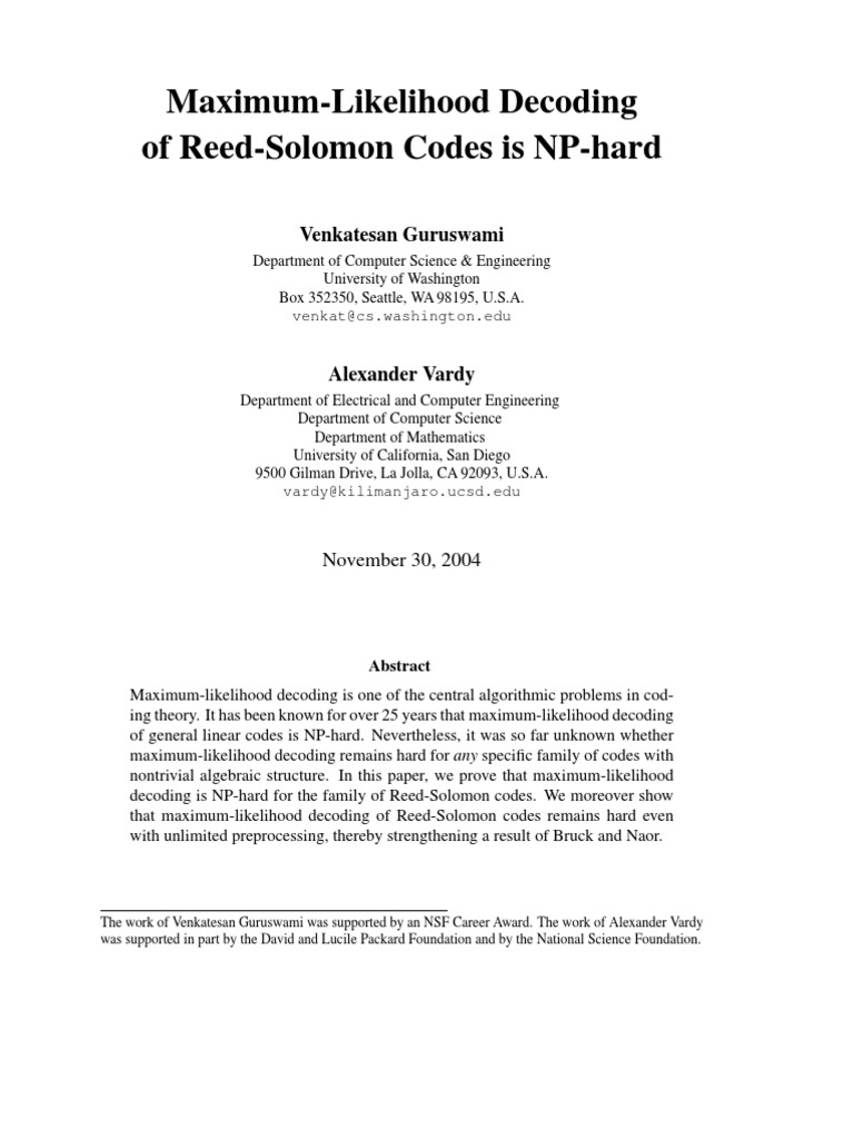 Maximum-Likelihood Decoding of Reed-Solomon Codes Is NP-hard | PDF | Time Complexity ...