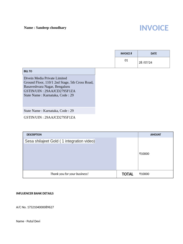 Invoice for Sandeep Choudhary Services | PDF