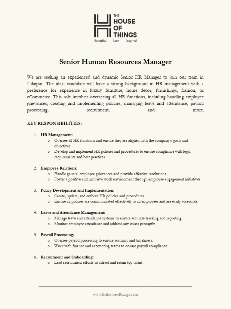 JD_Senior HR Manager (2) | PDF | Human Resources | Human Resource Management