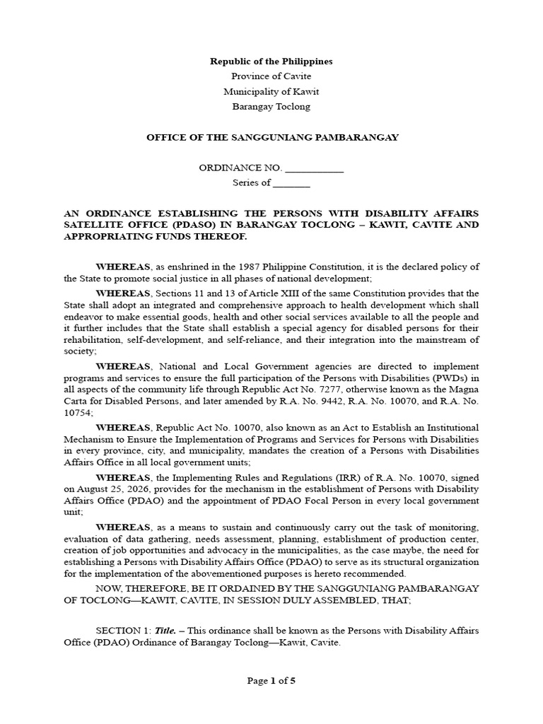 PDAO Ordinance for Kawit, Cavite | PDF | Visual Impairment | Mental ...