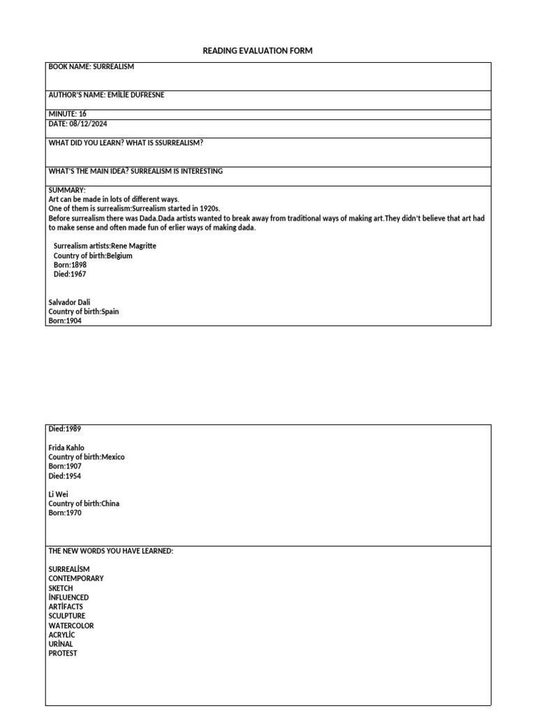 Reading Evaluation Form | PDF