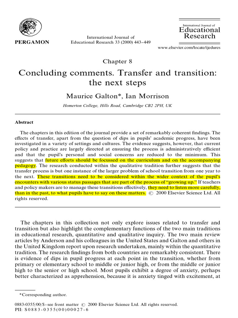 Galton & Morrison (2000) Concluding Comments Transfer and Transition | PDF | Teachers ...