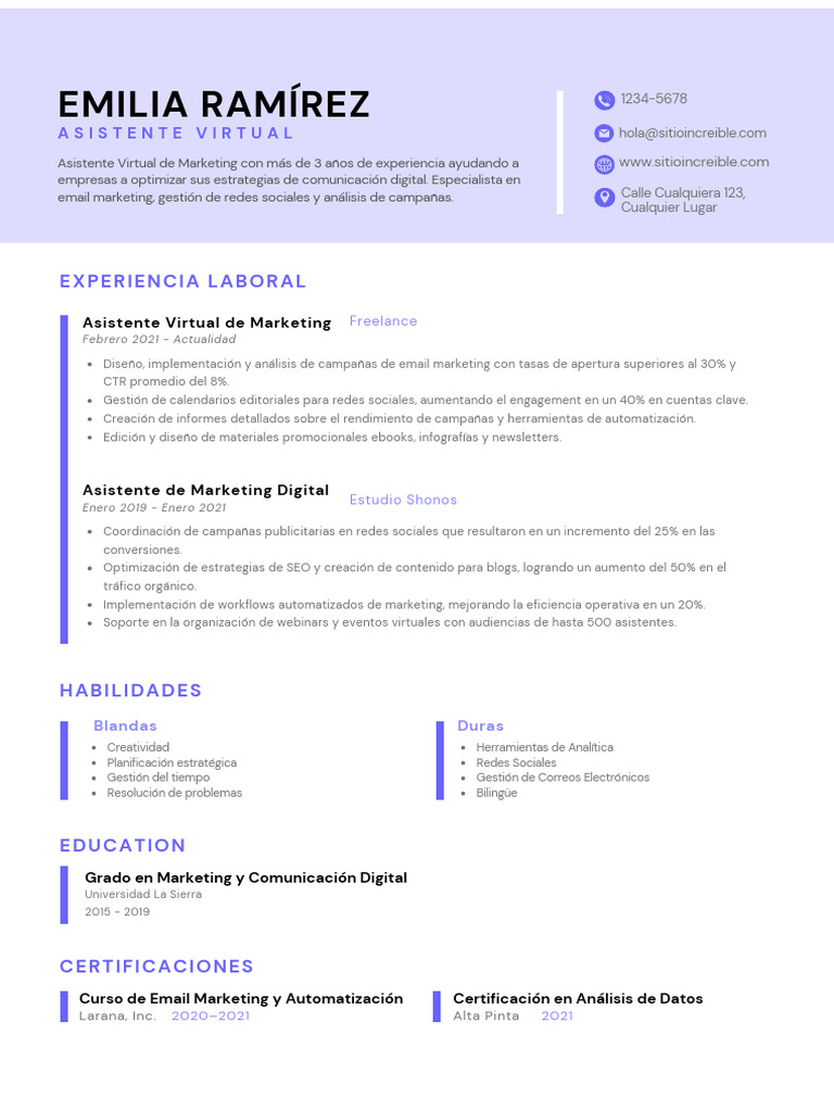 Curriculum Asistente Virtual Profesional Morado | PDF | Marketing ...