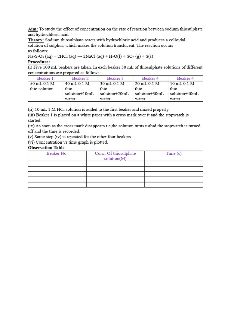 Effect of Thiosulphate Concentration on Reaction Rate | PDF