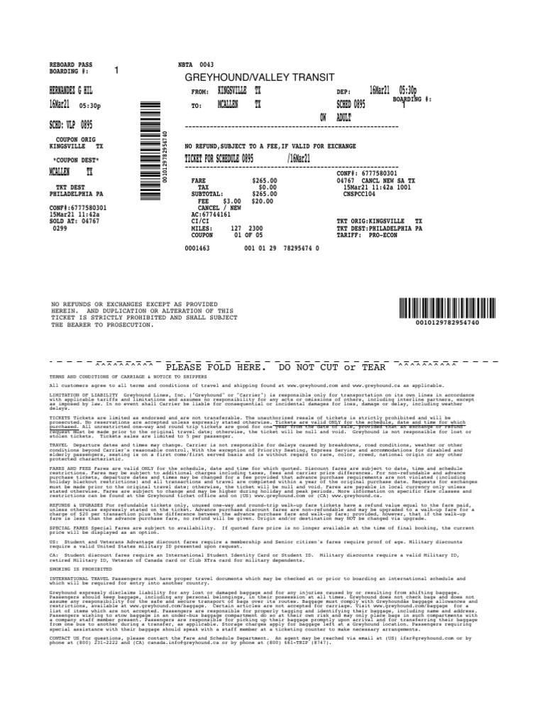Greyhound Ticket Confirmation Details | PDF | Fare | Baggage