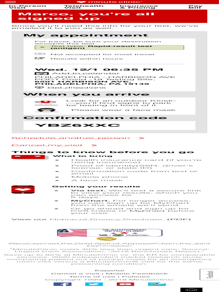 COVID-19 Visit Confirmation MinuteClinic | PDF