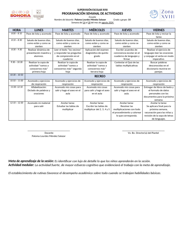 Programación Semanal de Actividades | PDF | Aprendizaje | Modificación de comportamiento