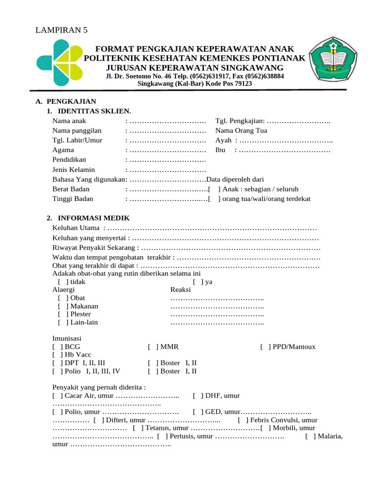 LAMPIRAN 5 FORMAT PENGKAJIAN ANAK' | PDF