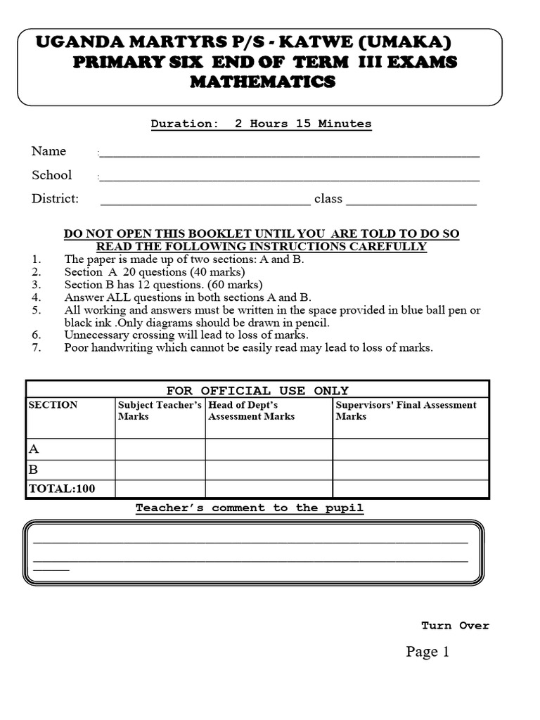 Primary 6 Math Exam Paper | PDF | Mathematics