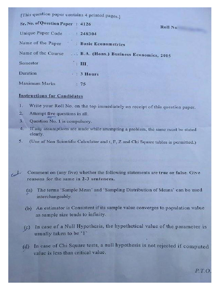 Basic Econometrics Question Paper 2015 | PDF