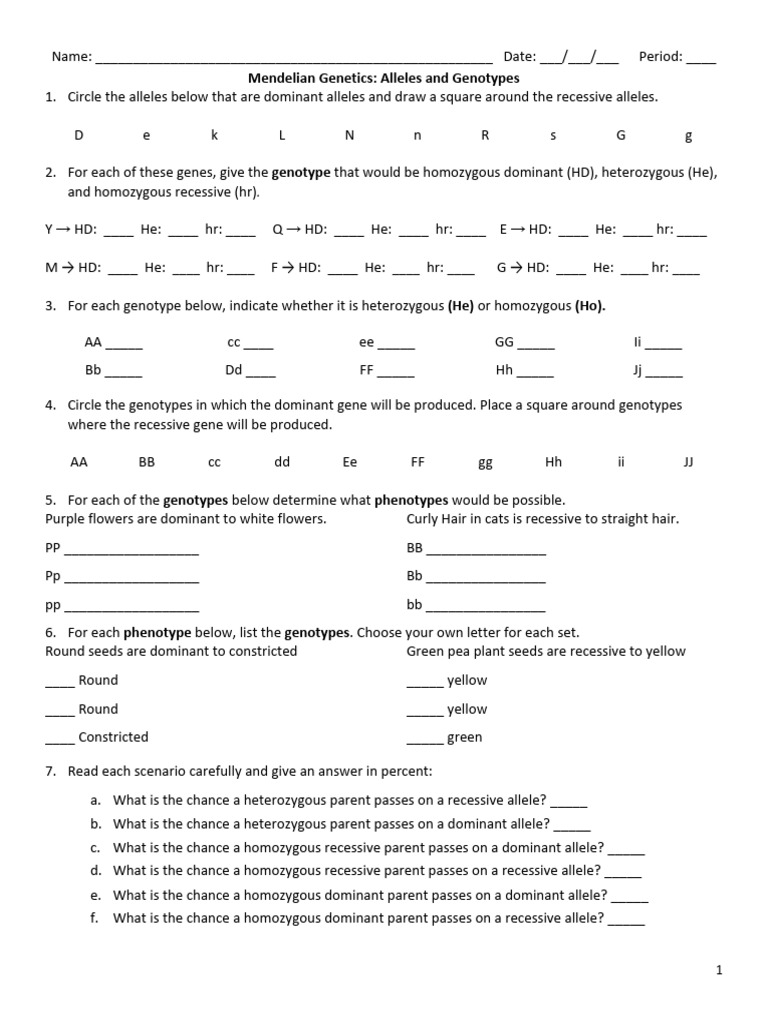 Mendelian Genetics Practice Worksheet | PDF | Dominance (Genetics ...