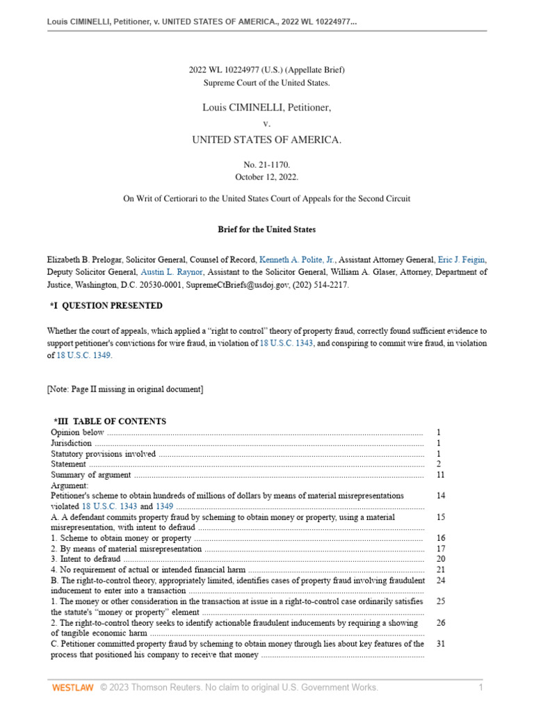 Brief of The United States - Louis Ciminelli Petitioner V United States ...