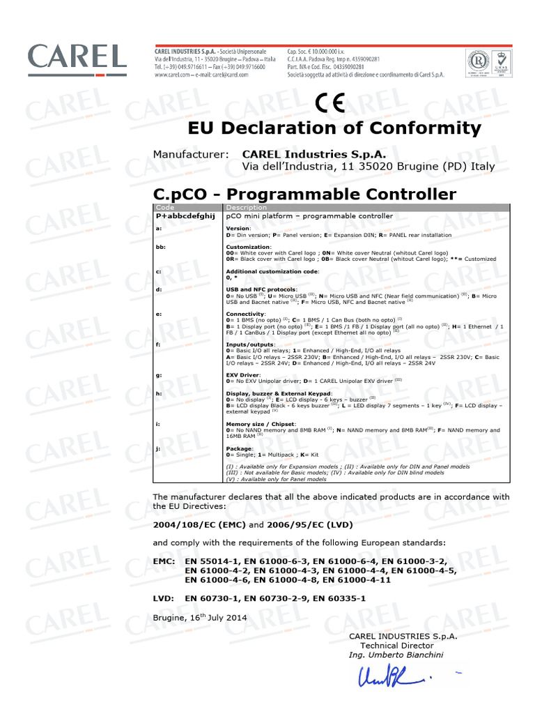Declaration for Carel C.pCO programmable controller | PDF | Usb ...