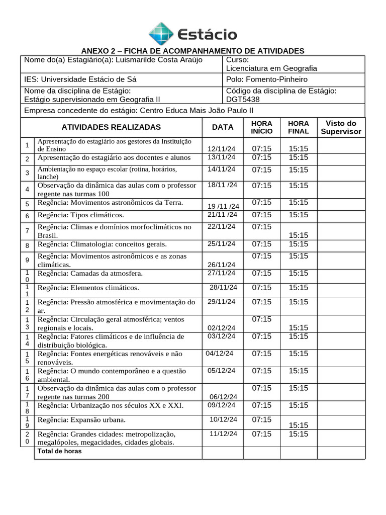 Anexo 2 Ficha de Acompanhamento de Atividades | PDF | Clima | Geociências