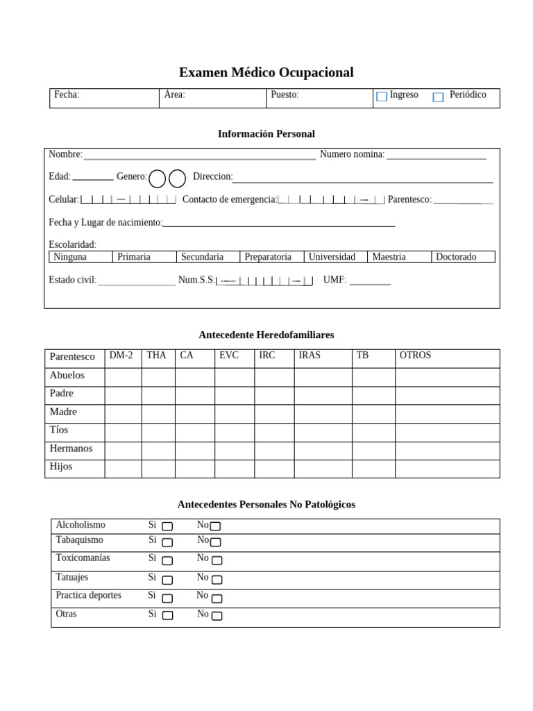Examen Médico Ocupacional Detallado Pdf Enfermedades Y Trastornos