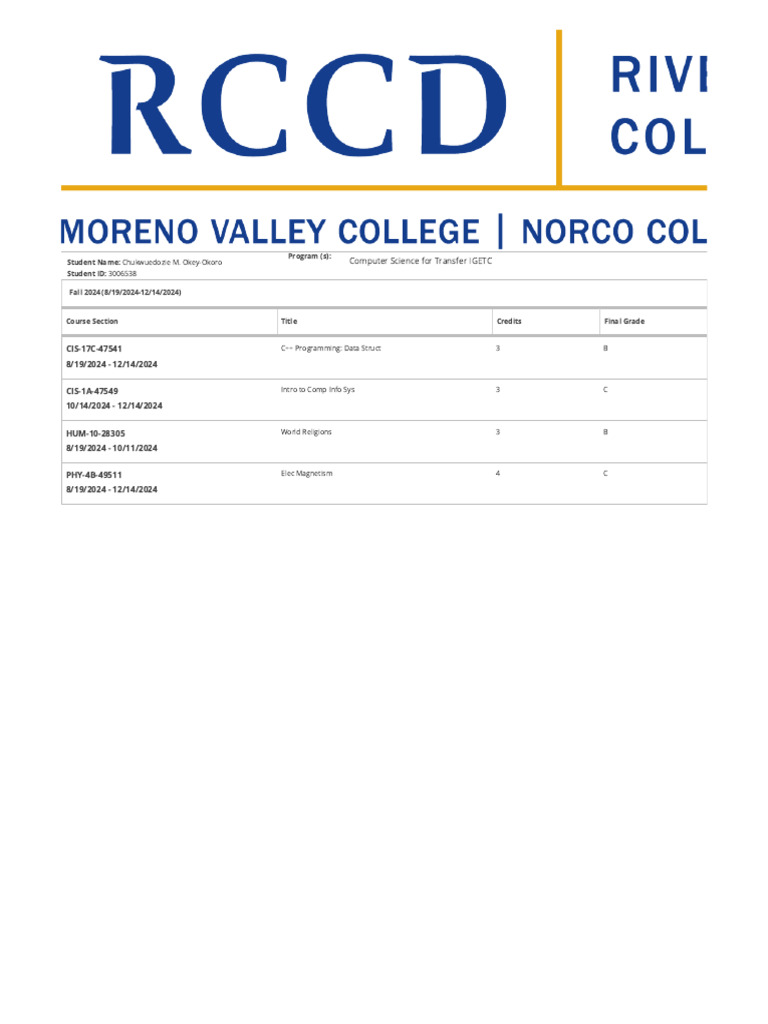 RCC Unofficial Transcript | PDF | Engineering | Computing