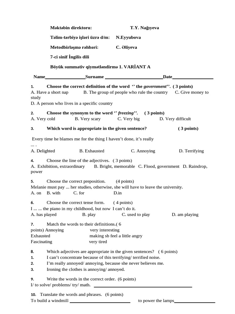 7th Grade English Test - Summative Assessment | PDF | Linguistic ...