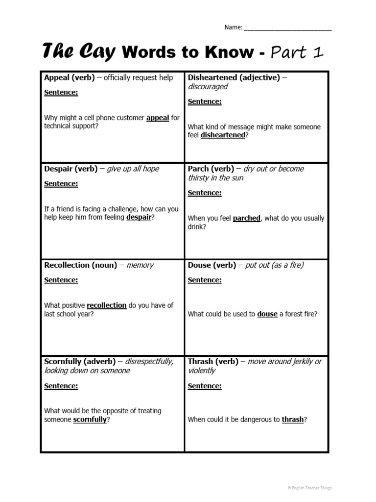 The Cay: Words To Know | PDF | Verb | Linguistics
