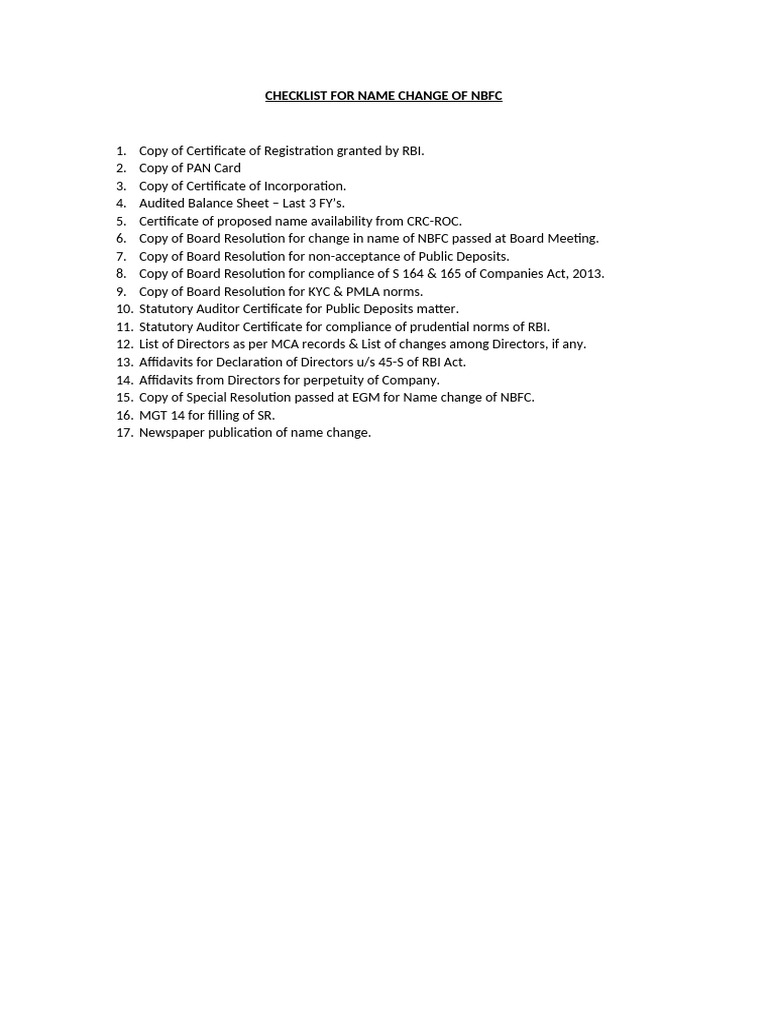 NBFC Name Change Checklist | PDF