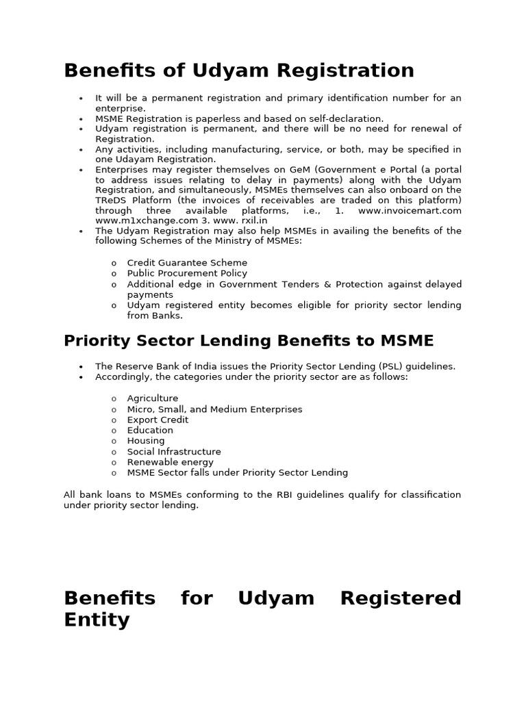 Benefits of Udyam Registration | PDF | Small And Medium Sized ...