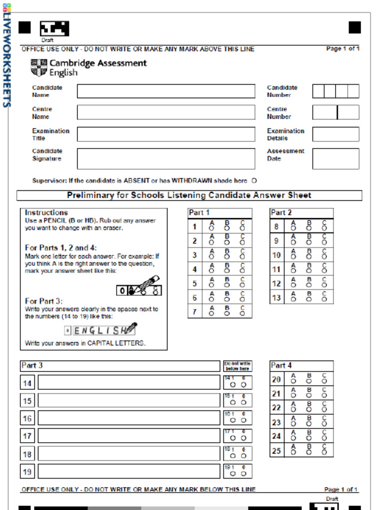 Answer sheet Listening | PDF
