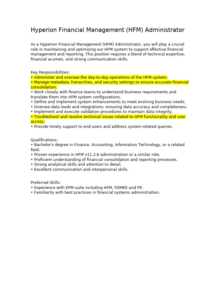 HFM Administrator Job Description | PDF