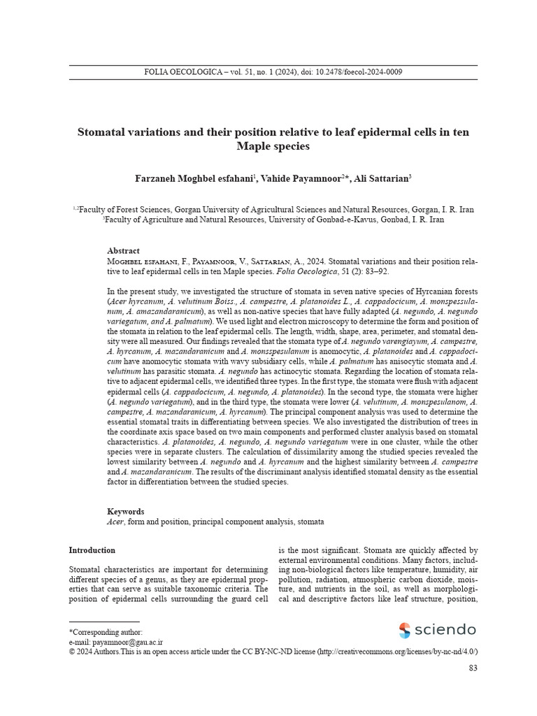 Stomatal Variations and Their Position Relative To Leaf Epidermal Cells in Ten Maple Species ...