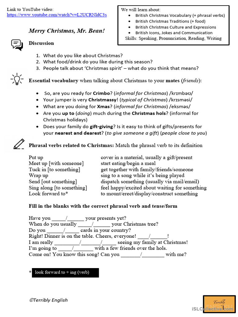 Merry Christmas! UK - MR Bean Video - Vocabulary - Phrasal Verbs ...