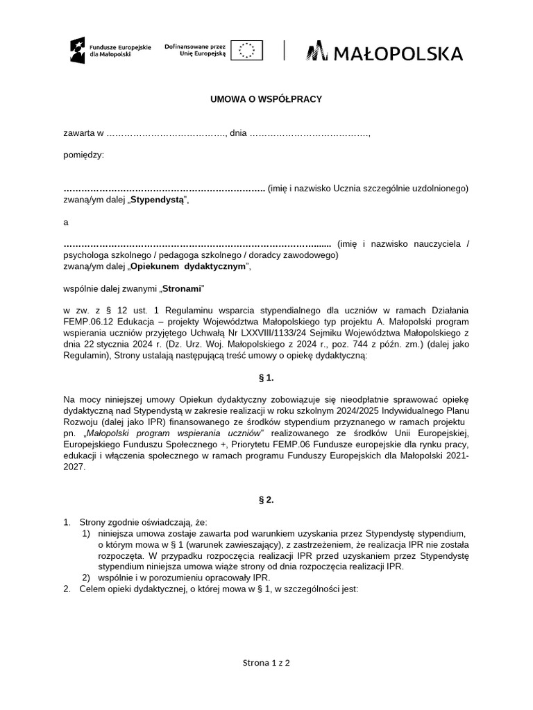 Umowa o Współpracy - Wzór | PDF