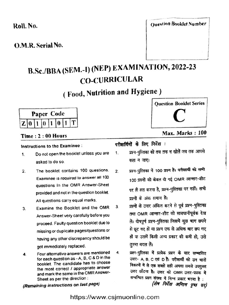 BSC Bba 1 Sem Co Curricular Food Nutrition and Hygiene z010101t Set C ...