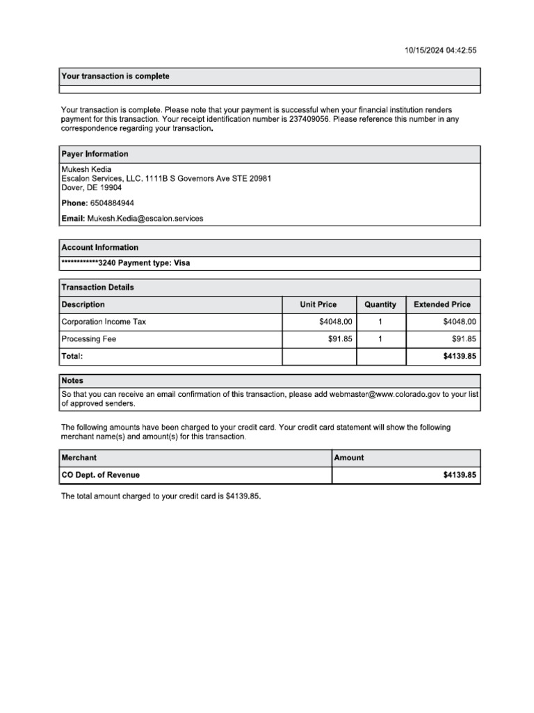 Receipt - Inside Packet Inc. - Co Payment | PDF