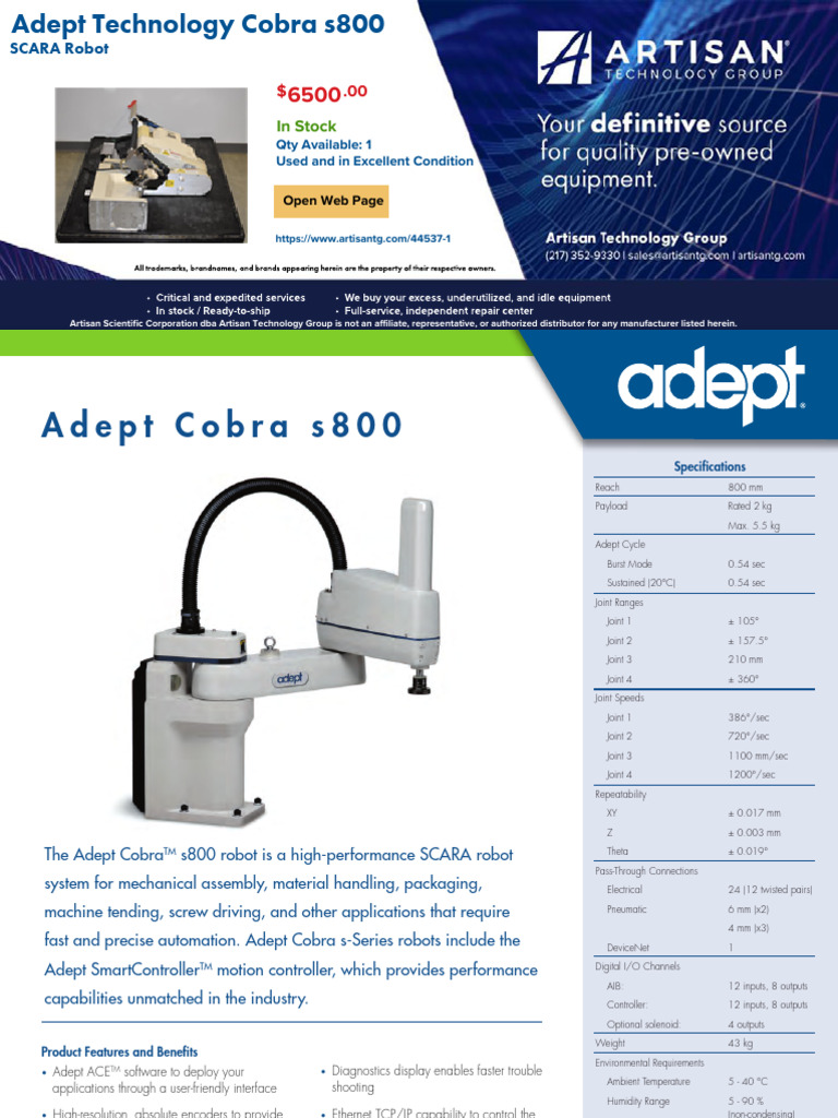 Adept Cobra s800 SCARA Robot for Sale | PDF | Computing | Computer Engineering