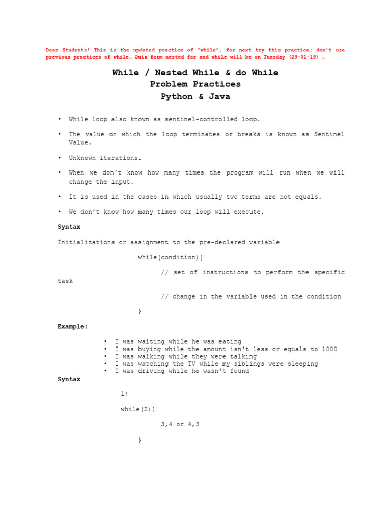 While, Nested, Dowhile Practice | PDF | Control Flow | Computer Science