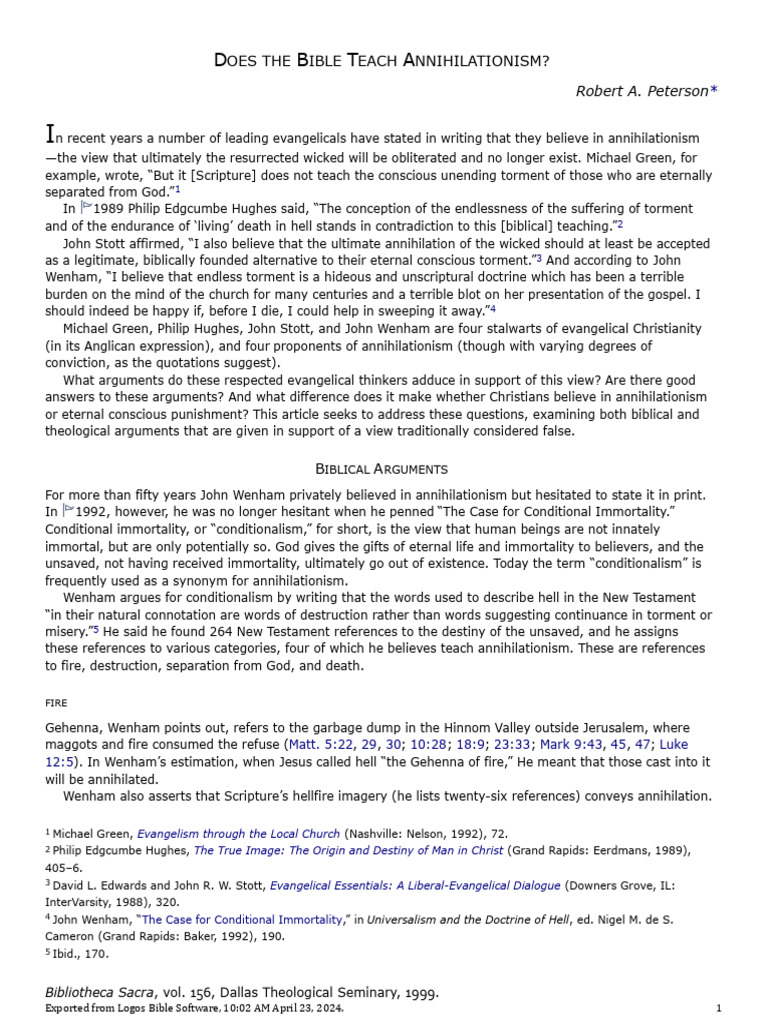 Annihilationism in Evangelical Theology | PDF | Hell | Theology