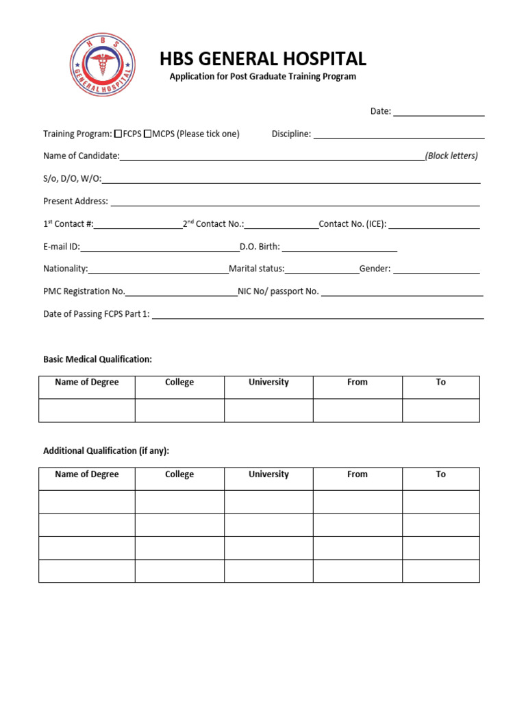 PG Training Application - HBS Hospital | PDF