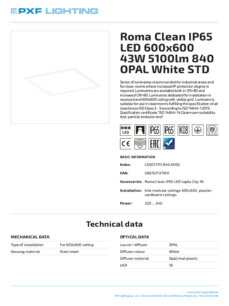 Roma Clean IP65 LED 600x600 43W 5100lm 840 OPAL White STD CG001 1111 ...