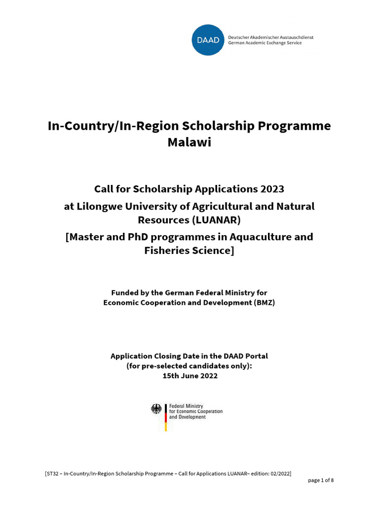 DAAD 2023 Call For Scholarship Applications Malawi Luanar | PDF | Doctor Of Philosophy