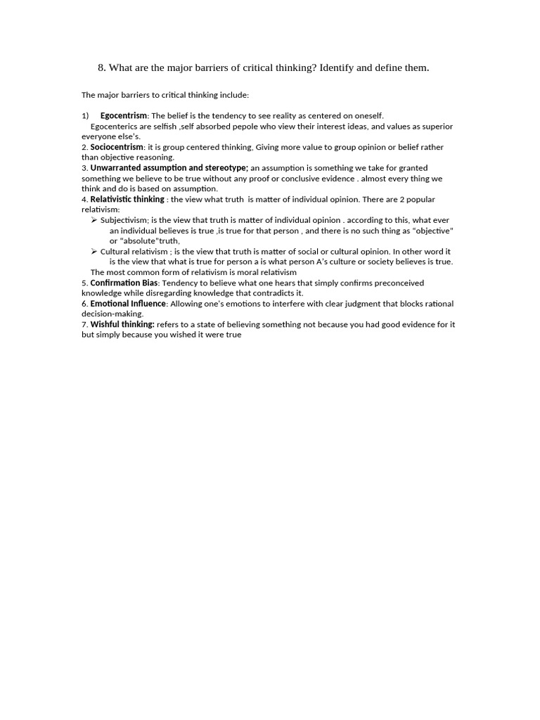 Major Barriers to Critical Thinking | PDF