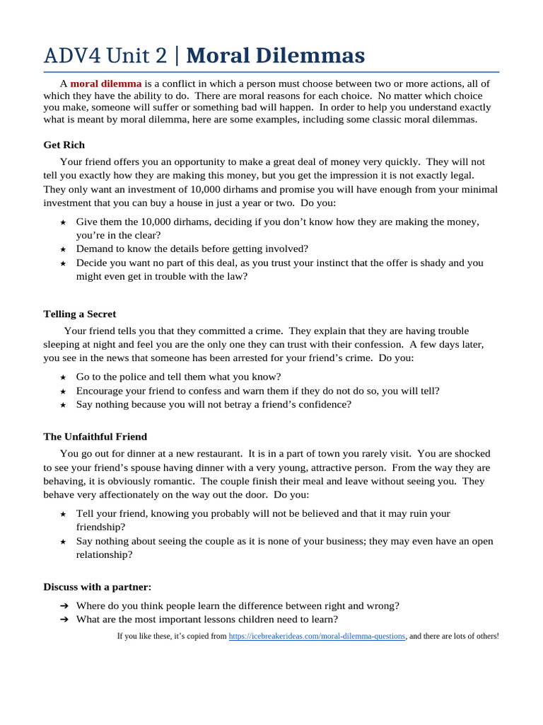 Values & Moral Dilemmas Discussion Prompts | PDF | Adjective | Pronoun