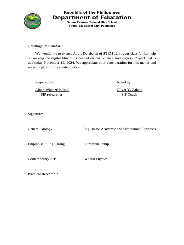 SIP Excuse Letter | PDF