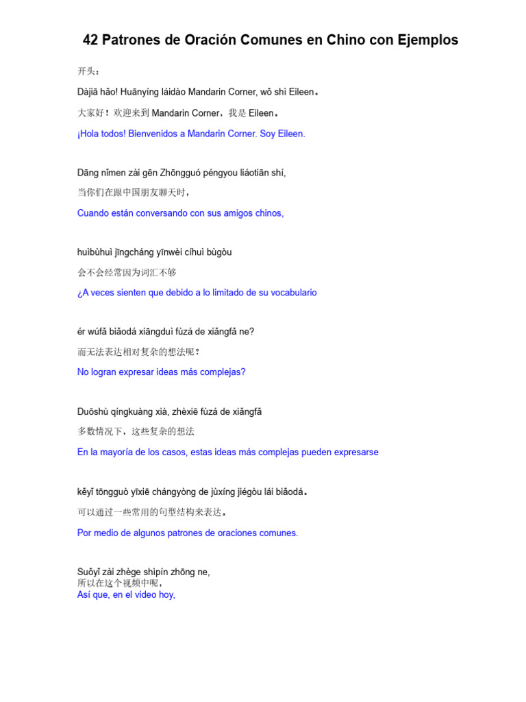 42 Common Chinese Sentence Patterns Spanish | PDF | Lingüística