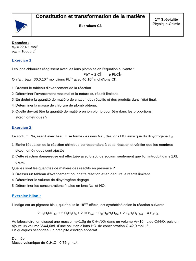 Exercices C3 Avancement 1spé Physique Chimie | PDF | Ion | Stœchiométrie