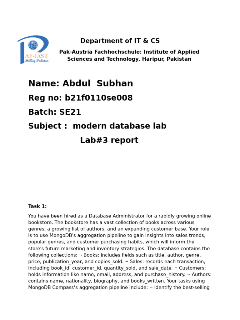 abdul subhan b21f0110se008 lab 3 report | PDF | Mongo Db | Databases