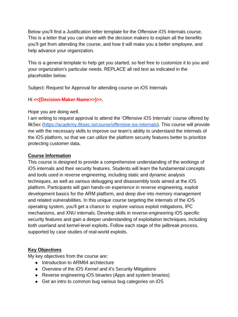 JustificationLetter_8kSec-Academy_Offensive-iOS-Internals | PDF | Ios ...