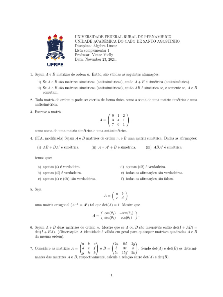 1734466110958+lgebra Linear Lista Complementar 01 | PDF | Matriz (Matemática) | Analise matemática
