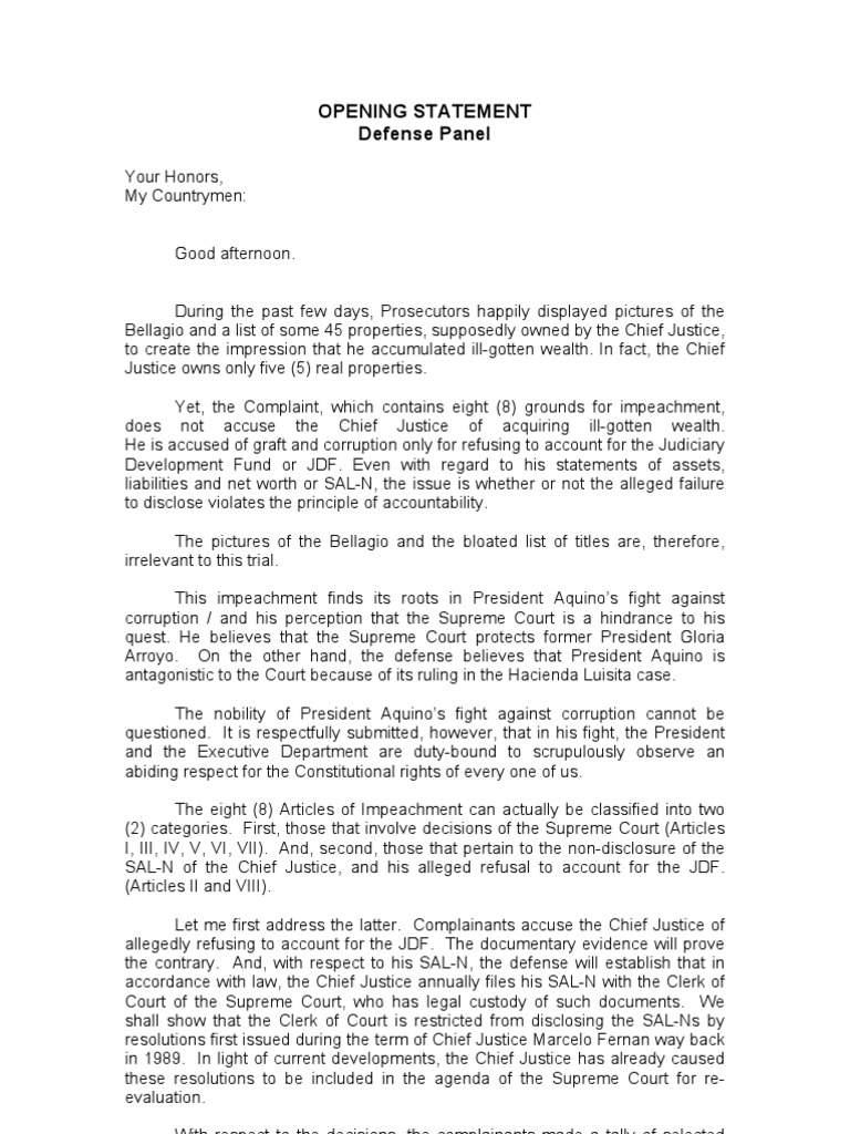 Opening Statement of The Defense Panel | PDF