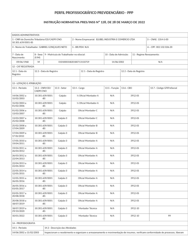 Modelo de PPP Instrucao Normativa Pres Inss N 128 28 de Marco de 2022 | PDF | Qualidade ...